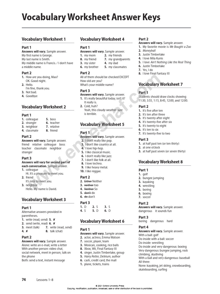 Vocabulary Worksheet Answer Keys | PDF | Lunch | Taste