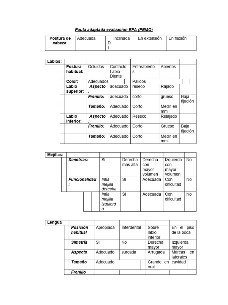 Pauta adaptada evaluación EFA | PDF | Anatomía humana | Boca