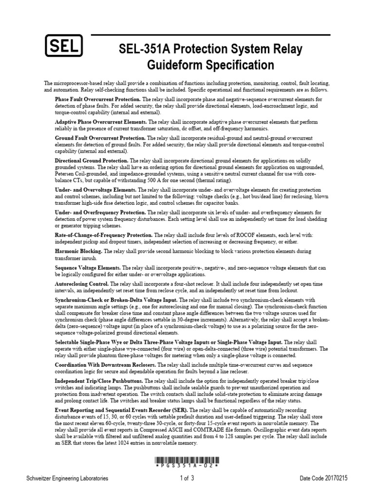SEL-351A Protection System Relay Guideform Specification | PDF | Relay ...