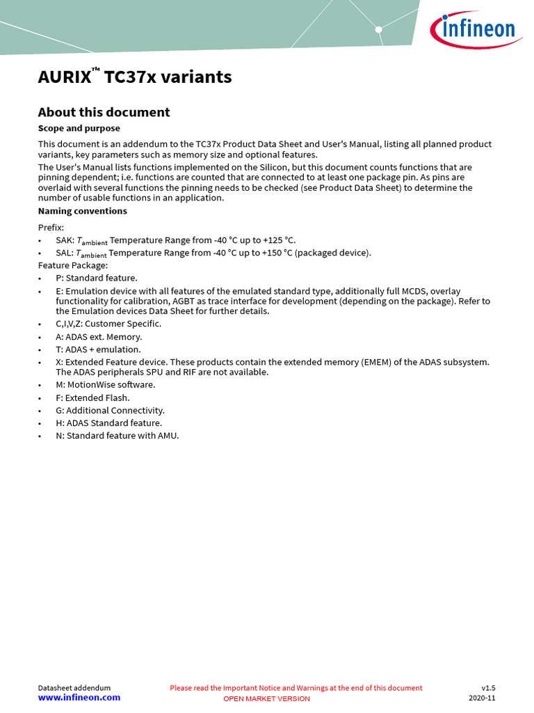 Infineon AURIX - TC37x - Addendum DataSheet v01 - 05 EN | PDF | Trademark | Emulator