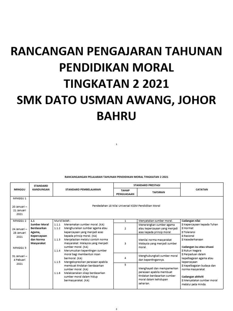 RPT Pendidikan Moral Tingkatan 2 KSSM | PDF