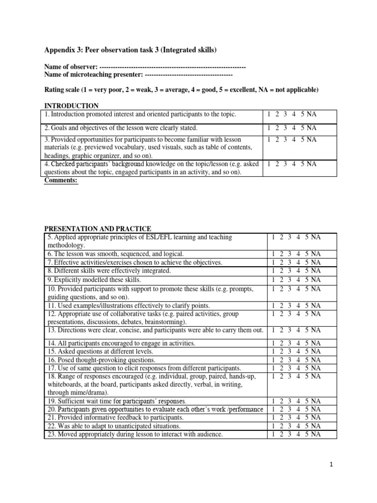 2p - Peer Observation Form Integrated Skills | PDF | English As A ...