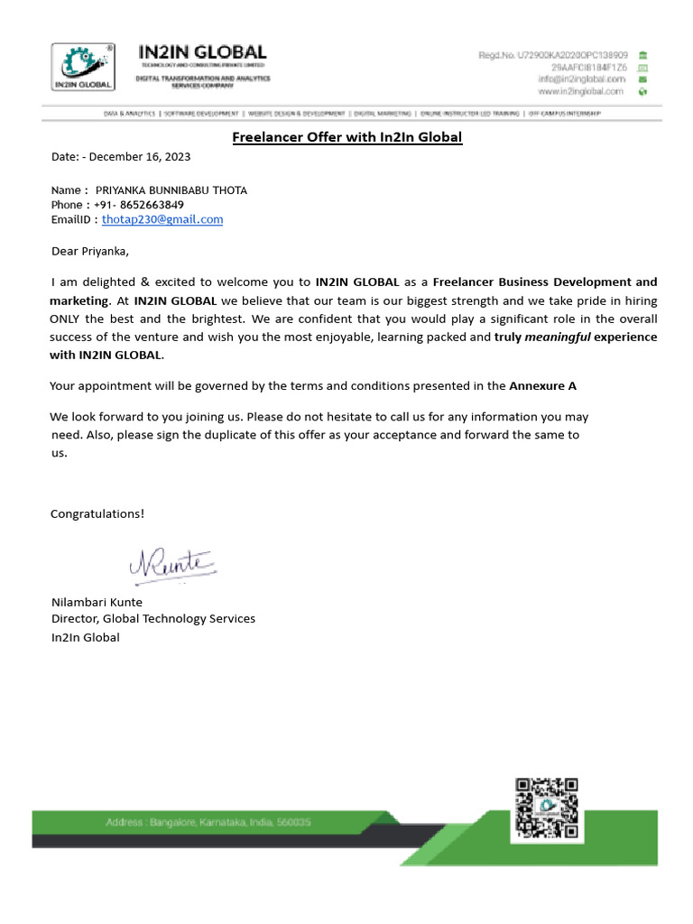 Freelancer Offer Letter Priyanka | PDF
