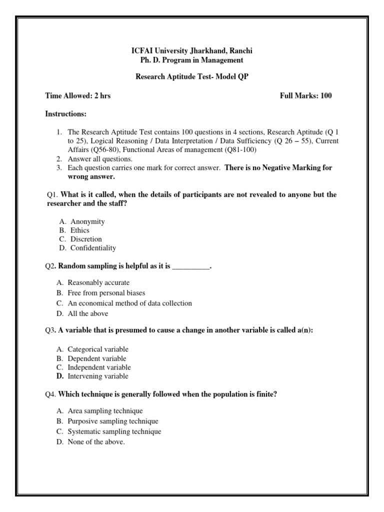 RAT Model Question Paper | PDF | Sampling (Statistics) | Experiment