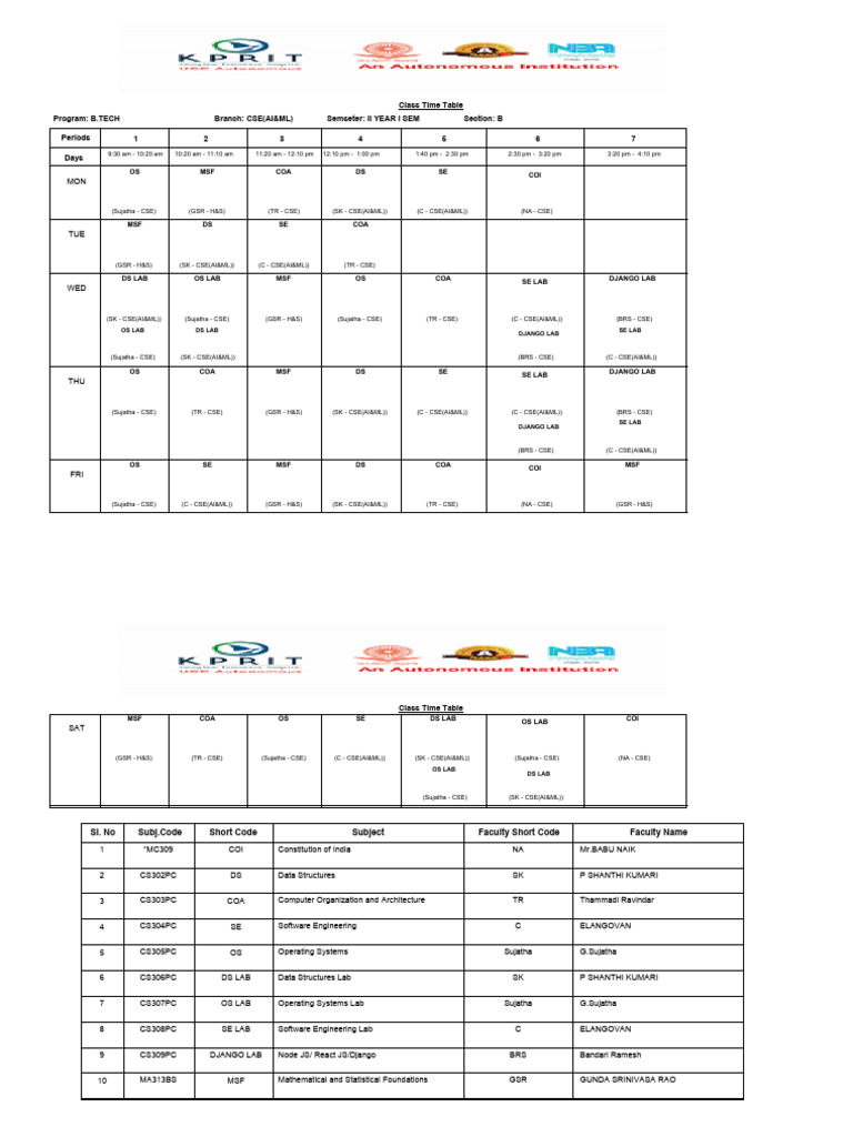 Class Time Table | PDF