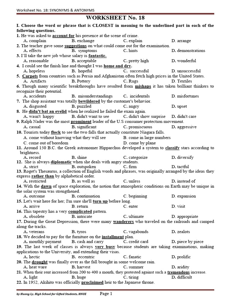 Worksheet 18 Synonyms Antonyms Sent PDF