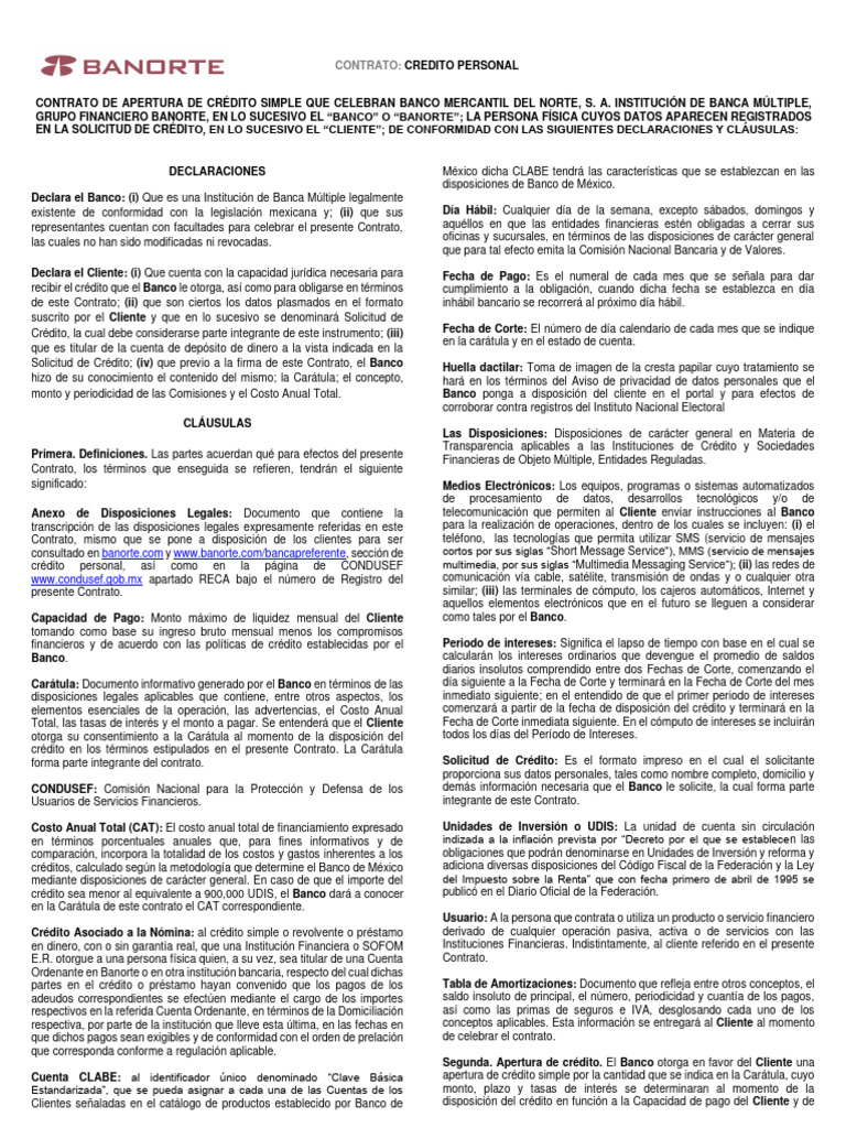 Contrato de Crédito Personal Banorte | PDF | Bancos | Interés