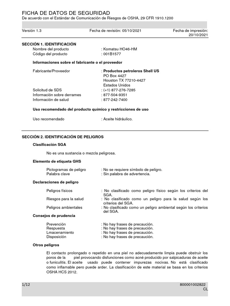 Hojas MSDS Komatsu HO46-HM | PDF