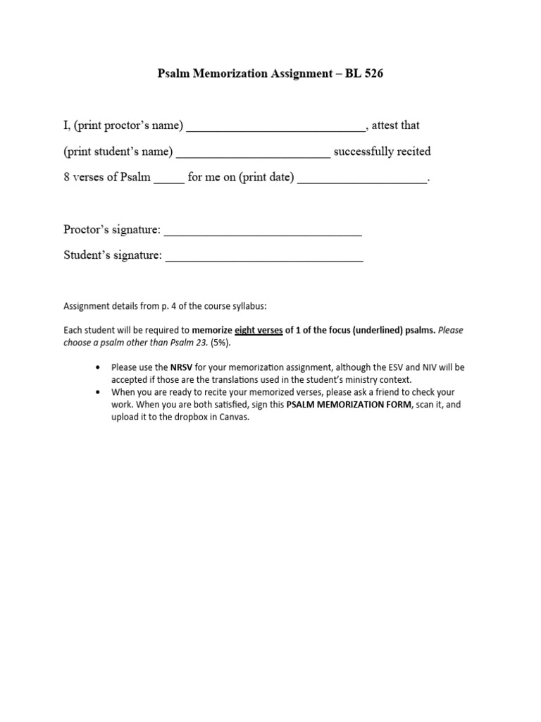Psalm Memorization Assignment | PDF