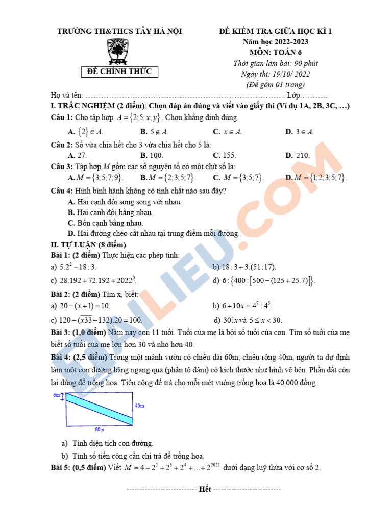 De Giua Hoc Ki 1 Toan 6 Nam 2022 2023 Truong TH Thcs Tay Ha Noi 1 | PDF