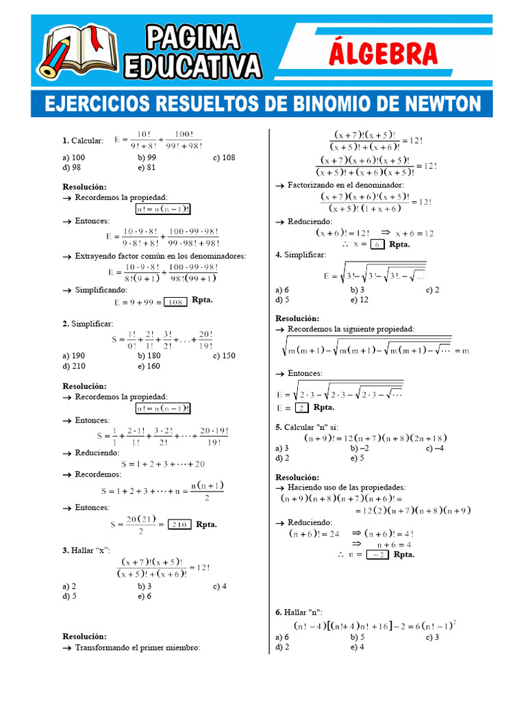 Ejercicios Resueltos de Binomio de Newton Pagina Educativa | PDF