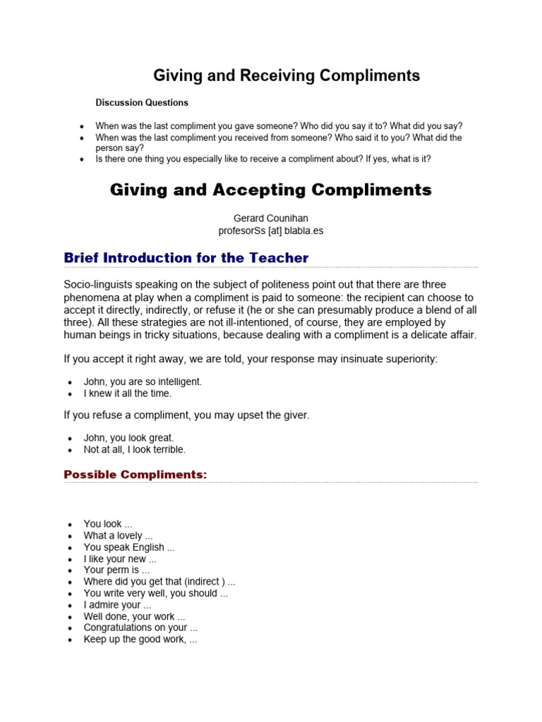 Giving and Receiving Compliments Esl | PDF | Self Esteem | Cognitive ...