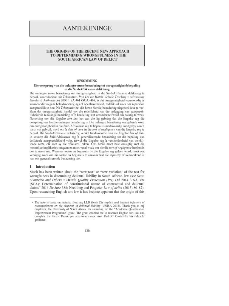 The Origins of The Recent Approach To Determining Wrongfulness in The South African Law of ...