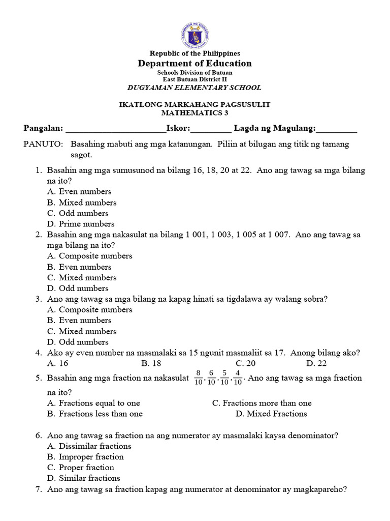 3rd Quarter Exam in Math | PDF