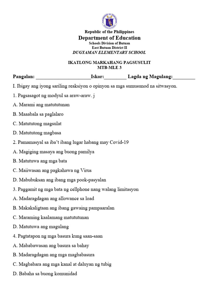 3rd Quarter Exam in MTB-MLE | PDF