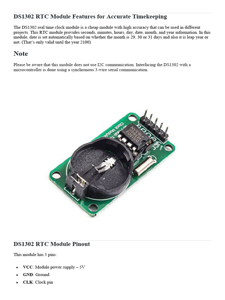 DS1302 RTC Module Features For Accurate Timekeeping | PDF | Arduino ...