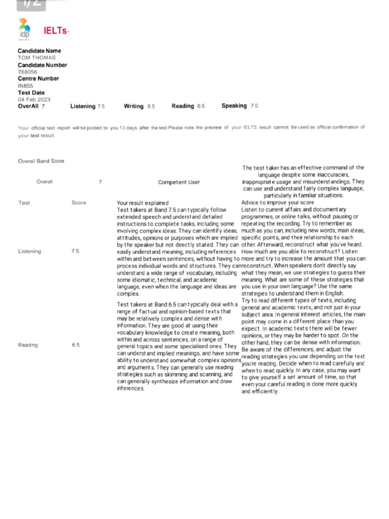 Ielts Results | PDF