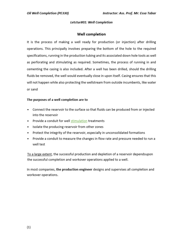 Lecture#01# Types Well Completion | PDF | Oil Well | Casing (Borehole)