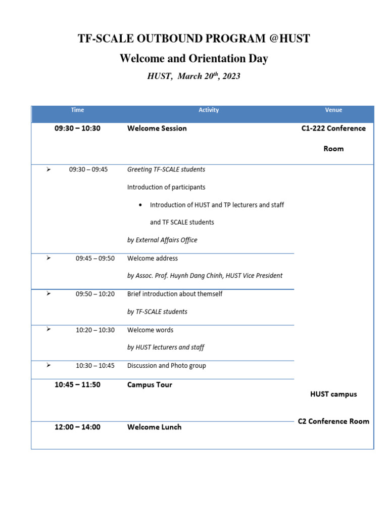 Welcome and Orientation Day - Tentative Agenda | PDF