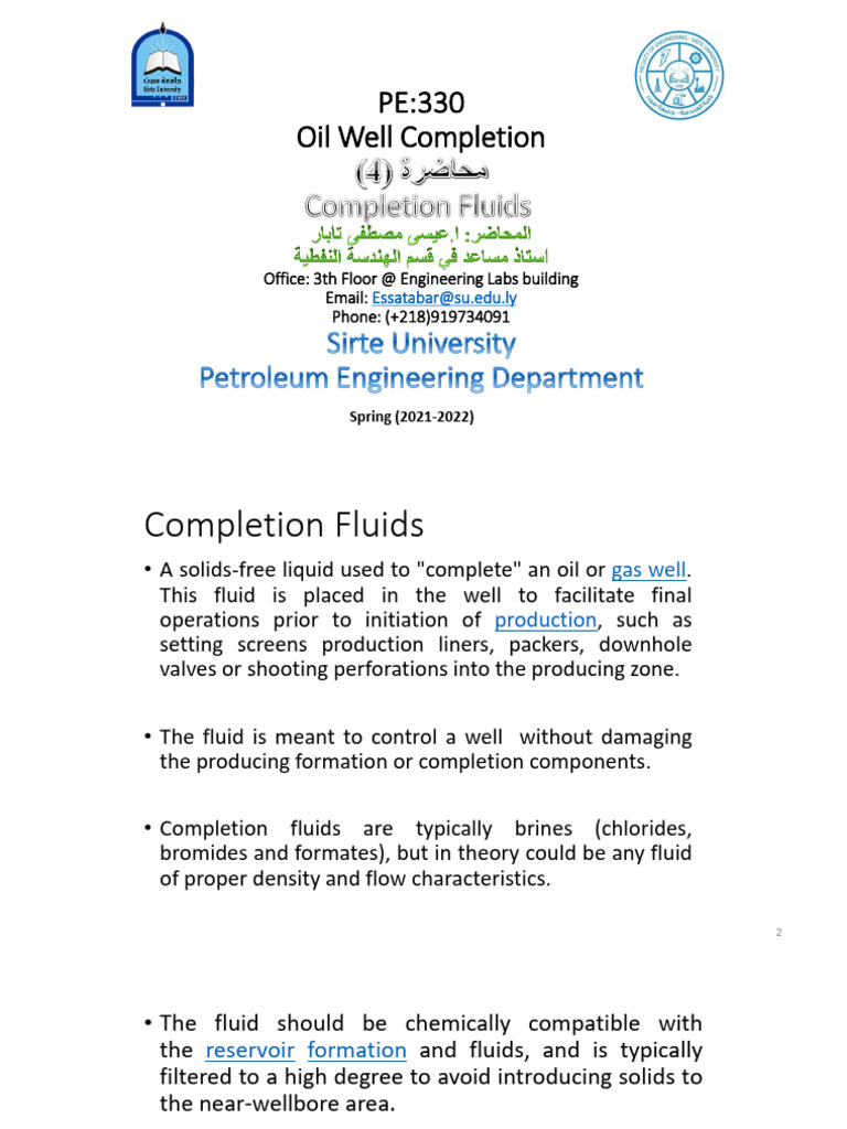 PE:330 Oil Well Completion: Office: 3th Floor at Engineering Labs ...