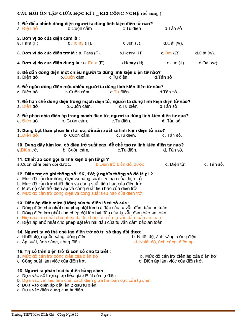 Cau Hoi On Tap Cn12 Gi A Hk1 (SB) | PDF