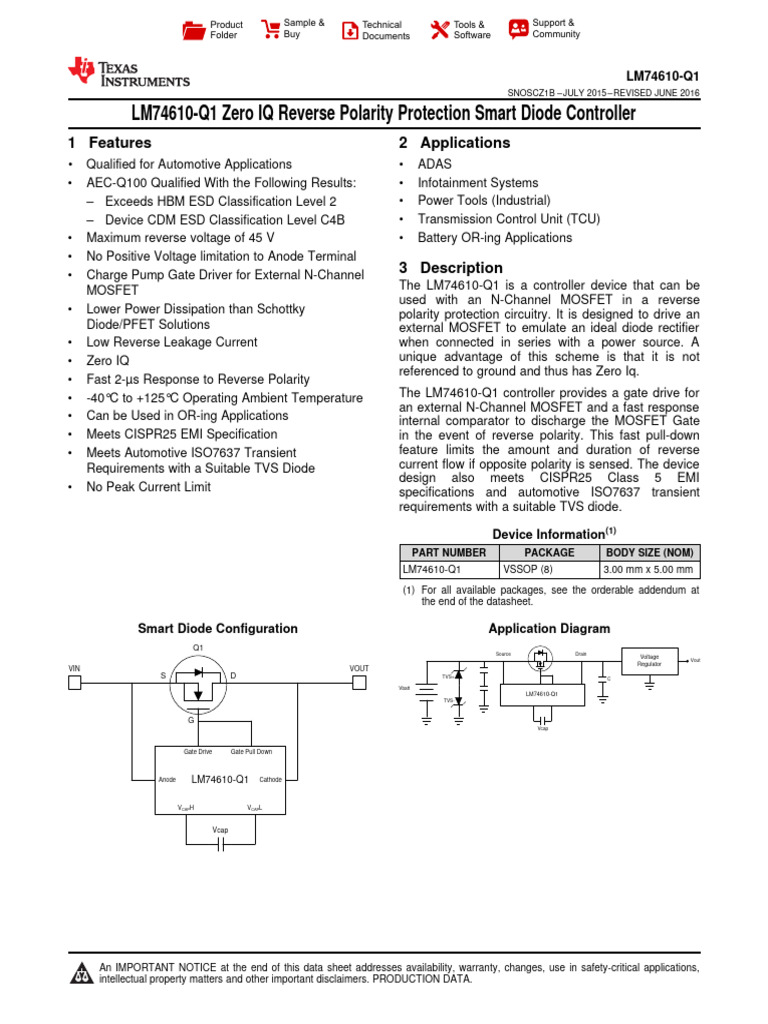 LM74610-Q1 Zero IQ Reverse Polarity Protection Smart Diode Controller | PDF | Mosfet | Field ...