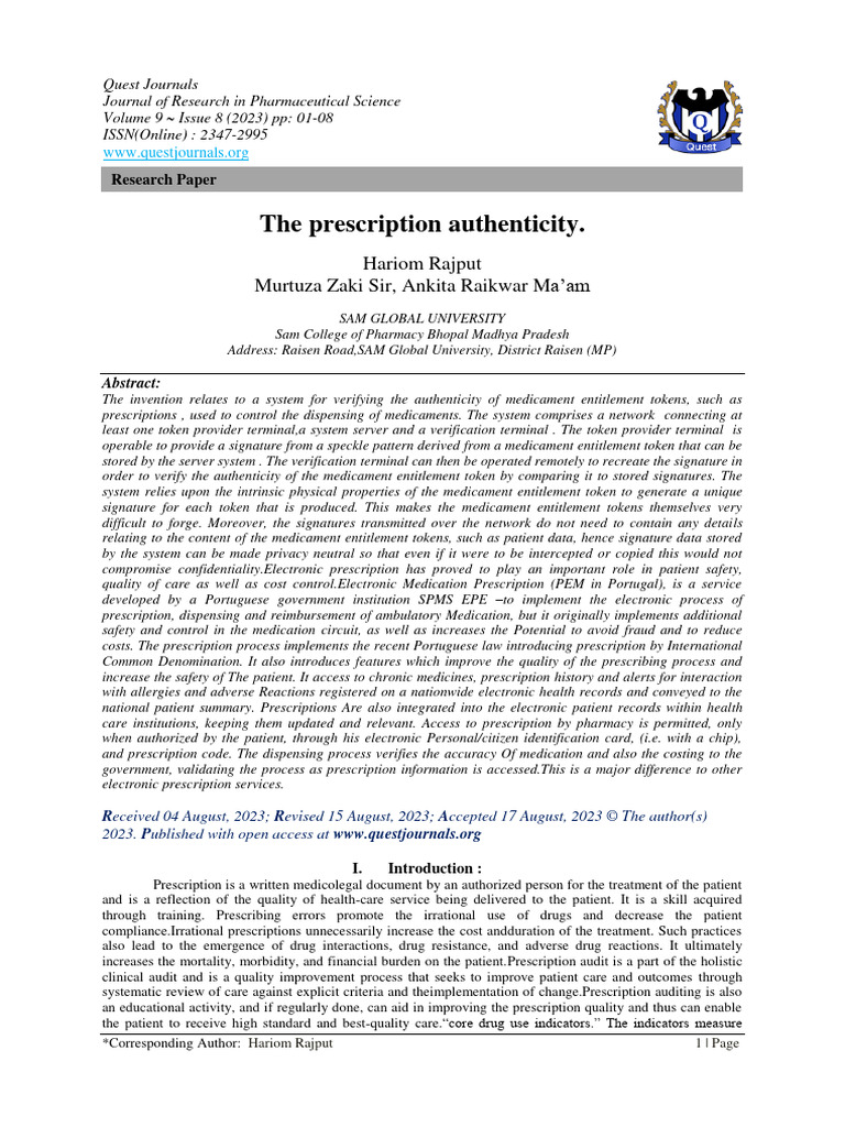 The Prescription Authenticity. - Quest Journals HTTPS://WWW ...