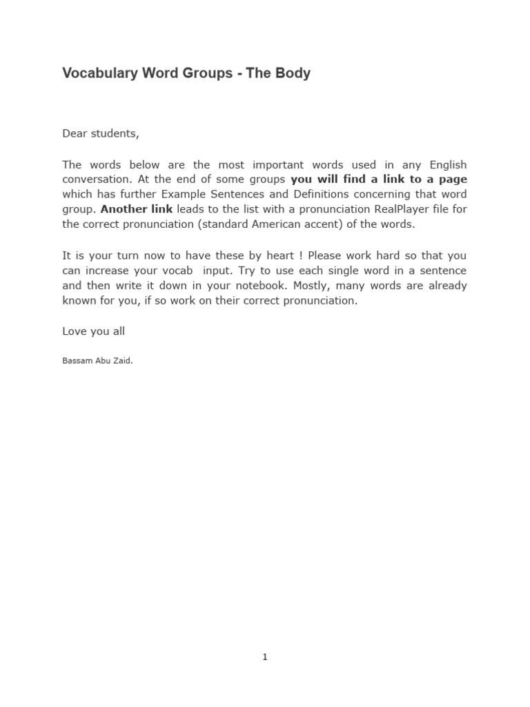 Vocabulary Word Groups - The Body: Bassam Abu Zaid | PDF | Burglary | Money