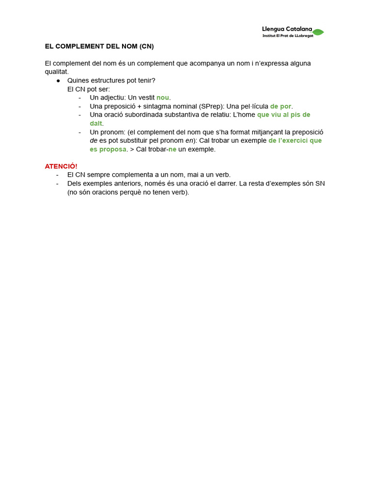 El Complement Del Nom | PDF