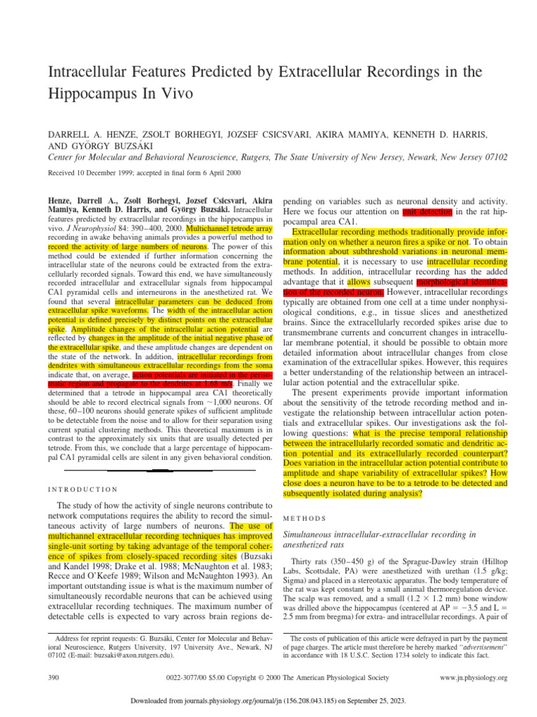 Henze Et Al 2000 Intracellular Features Predicted by Extracellular Recordings in The Hippocampus ...