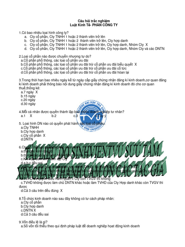 Cau Hoi Trac Nghiem Luat Kinh Te 7746 | PDF