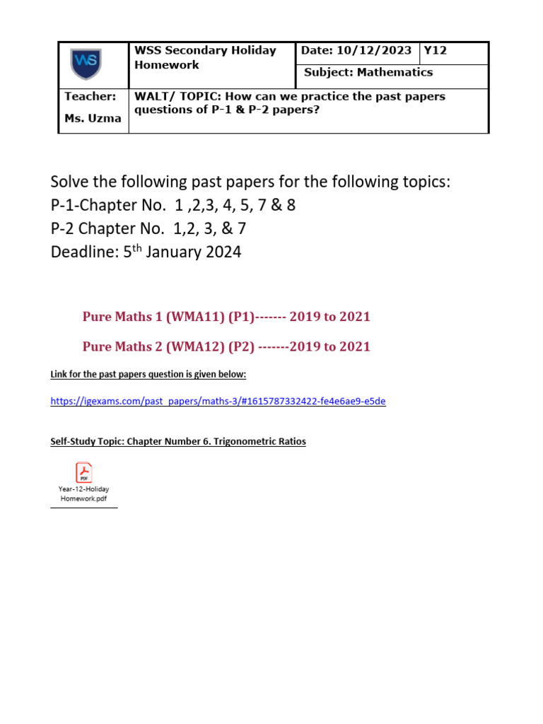 Holiday Homework Year 12 - Maths | PDF