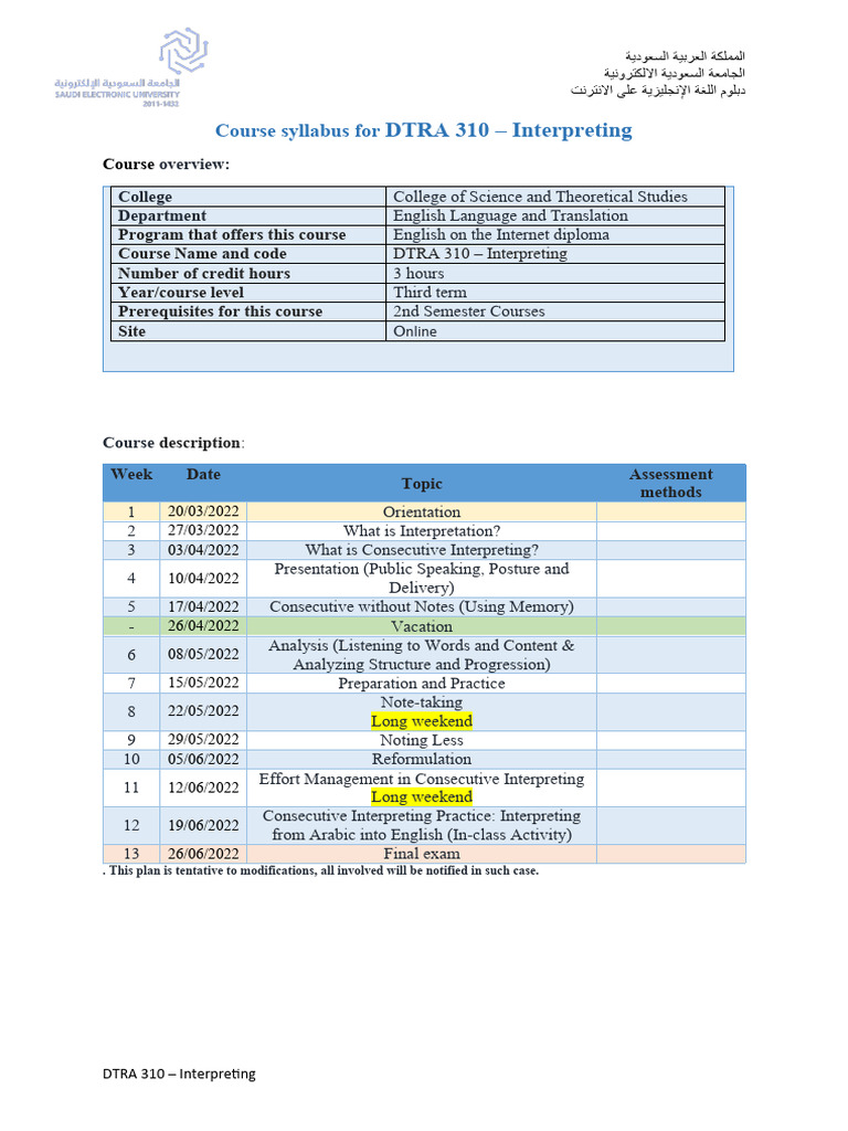 DTRA310 - 212230-Syllabus | PDF | Language Interpretation | Learning
