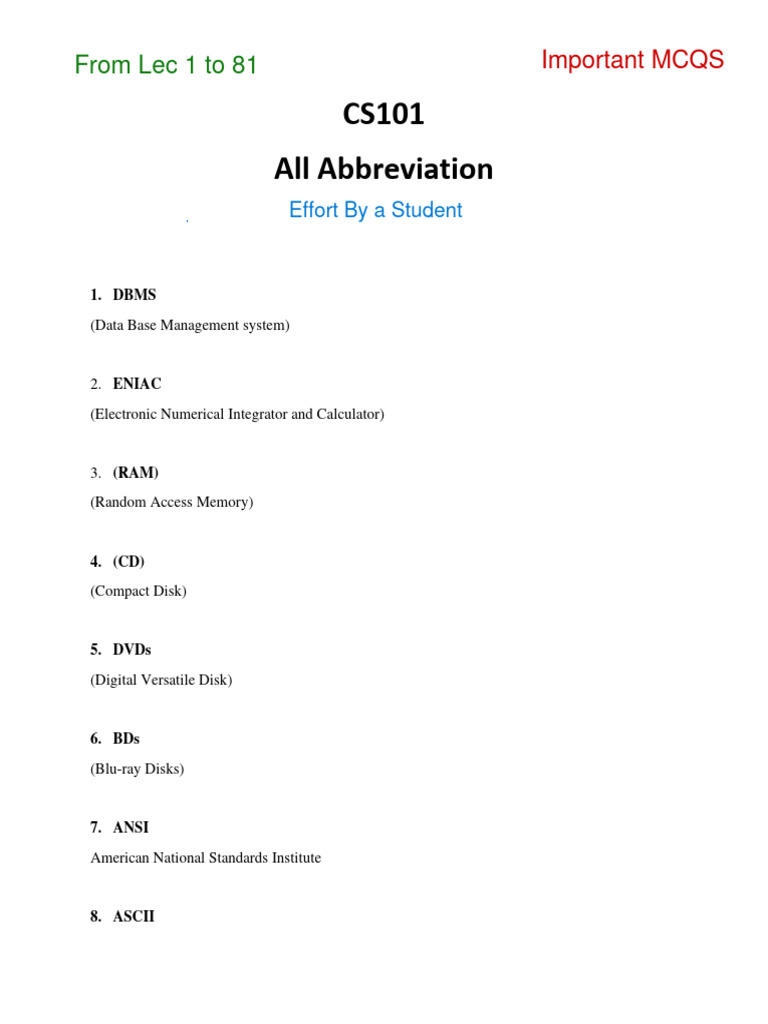 CS101 Abbreviation From LEC 1 To 81 Fall 2023 by Muhammad Zaman | PDF