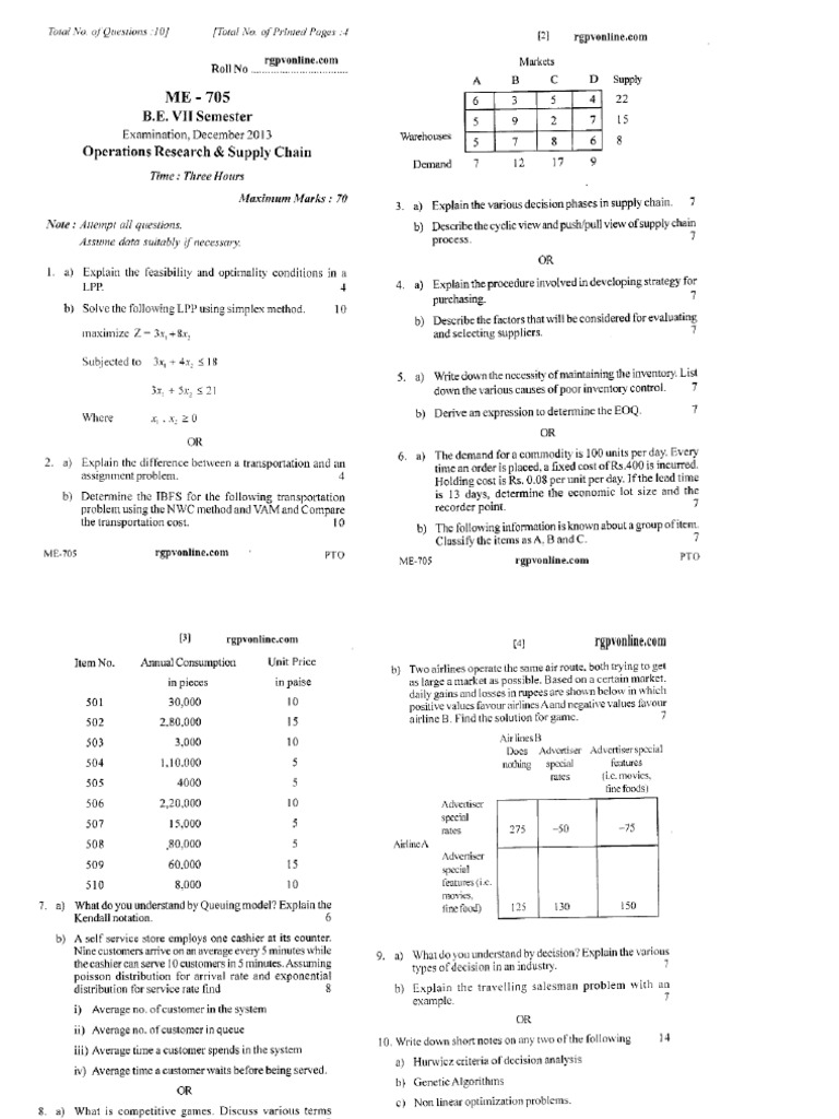 Me 705 Operations Research and Supply Chain Dec 2013 | PDF