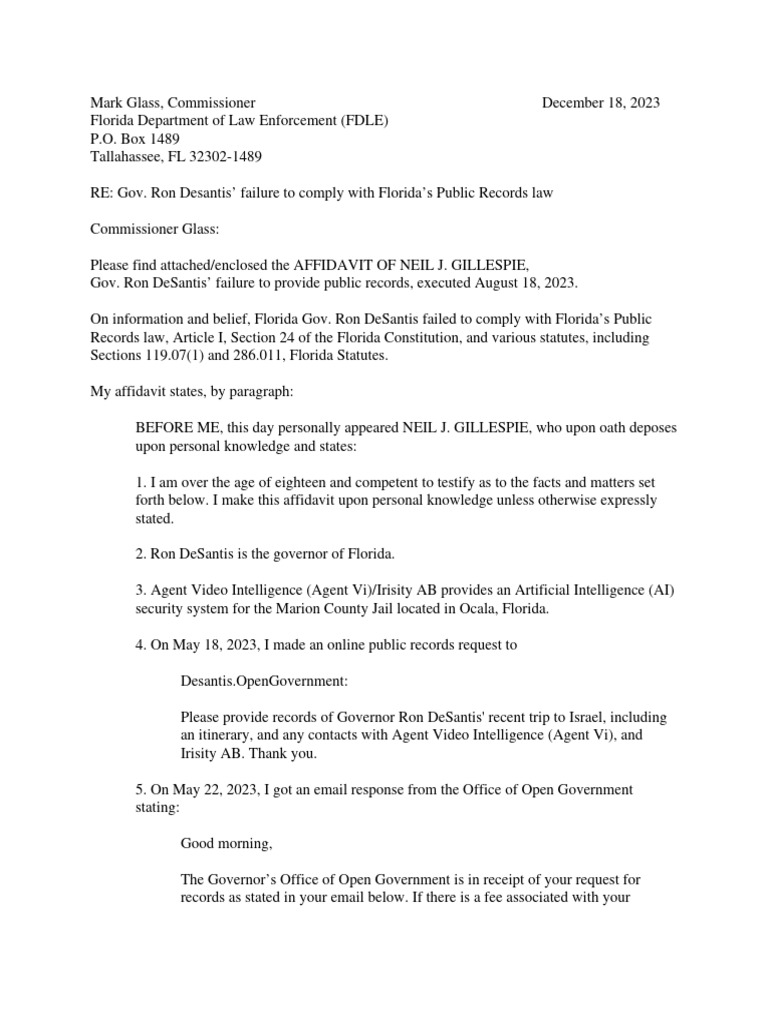 FDLE Complaint Against Gov Ron DeSantis Public Records | PDF