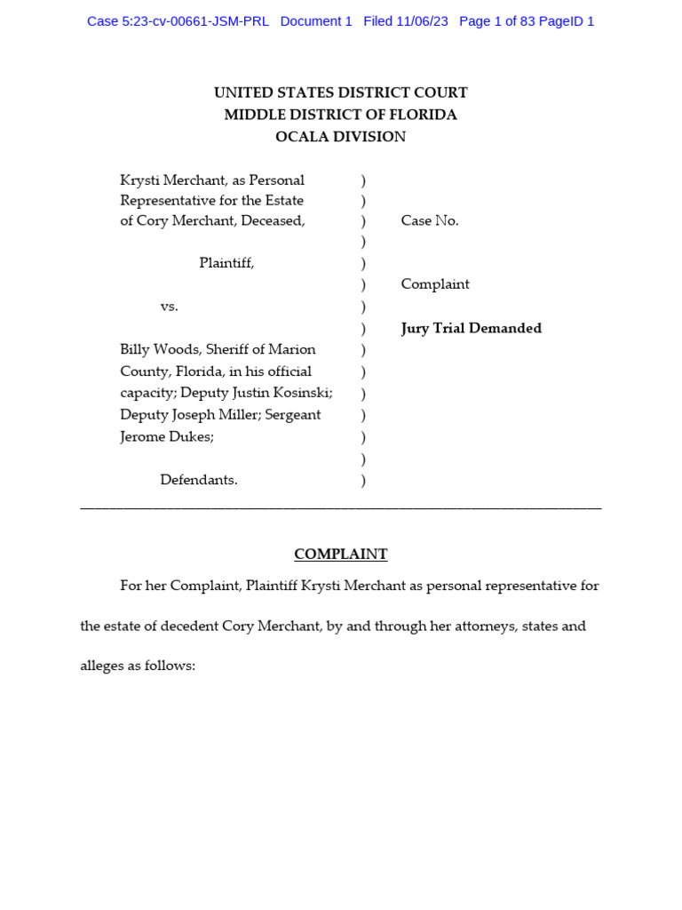 Cory Merchant V Sheriff Billy Woods Wrongful Death Lawsuit | PDF ...