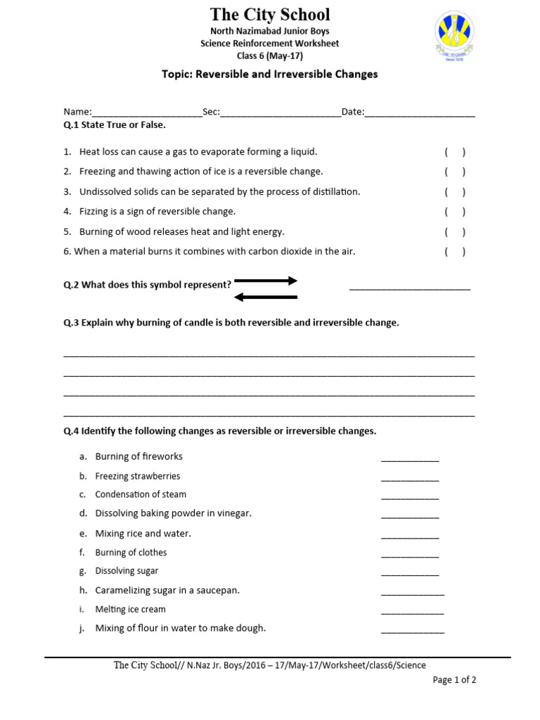 Reversible vs Irreversible Changes Worksheet | PDF | Water | Ice