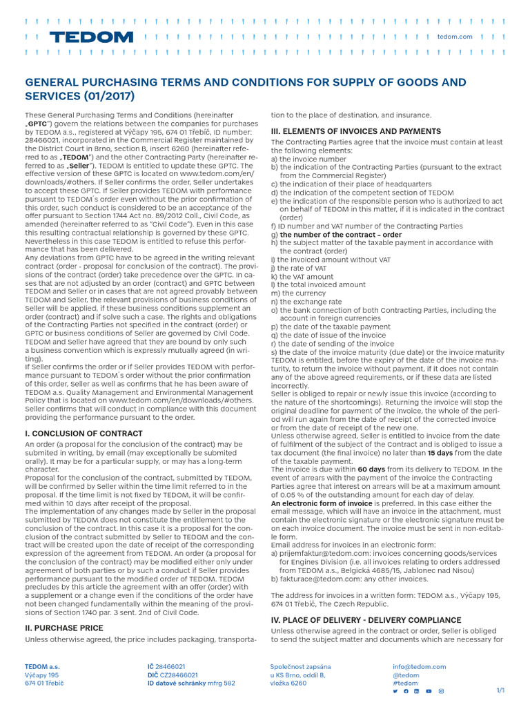 TEDOM General Purchase Terms and Conditions GPTC | PDF | Invoice | Payments