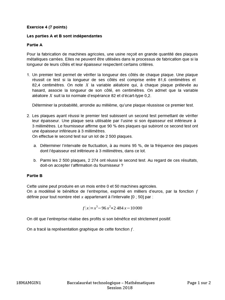 STMG Mathematiques 2018 Pondichery Sujet Exercice4 | PDF