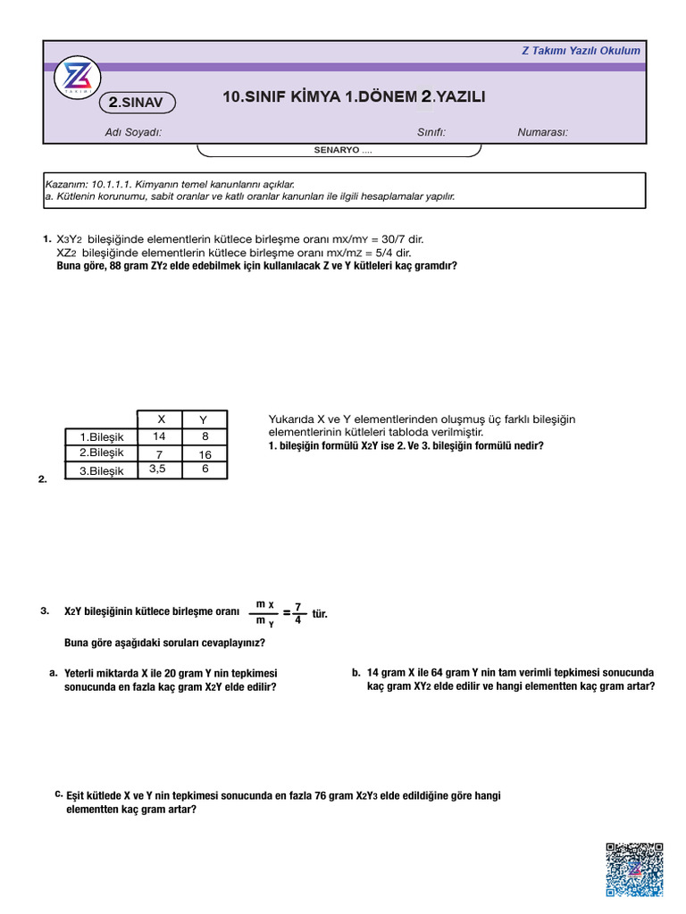 10 Sinif-Kimya-1 Donem-2 Yazili | PDF