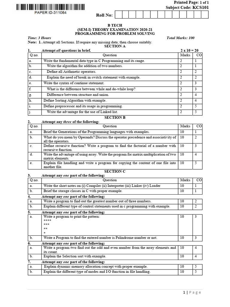 B.Tech Programming Exam Guide | PDF | C (Programming Language) | Computer File