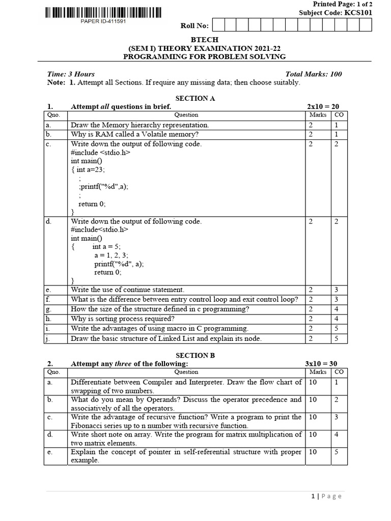 Btech 1 Sem Programming For Problem Solving kcs101 2022 | PDF | Control Flow | Matrix (Mathematics)