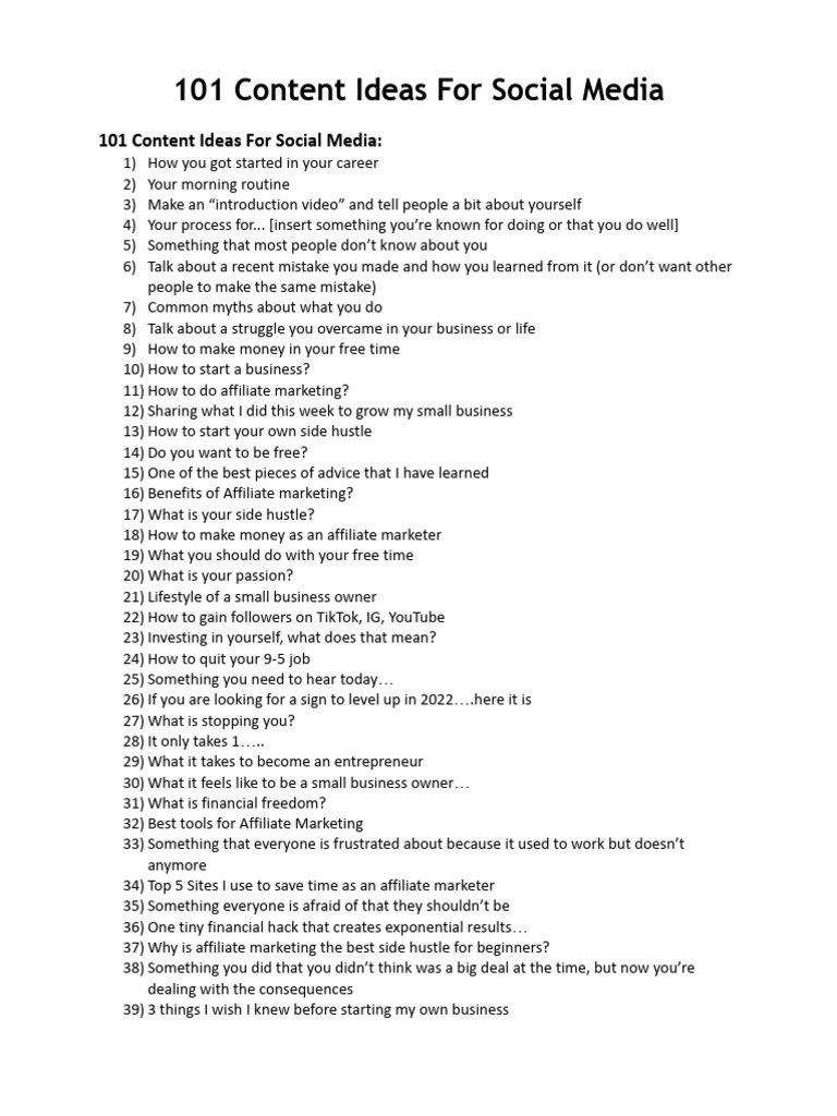 101 Content Ideas Guide | PDF | Social Media | Popular Culture & Media ...