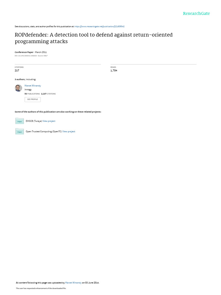 ROPdefender A Detection Tool To Defend Against Ret | PDF | Software | Software Engineering