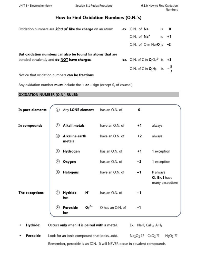 6.1.b Finding Oxidation Numbers | PDF | Redox | Chemical Compounds