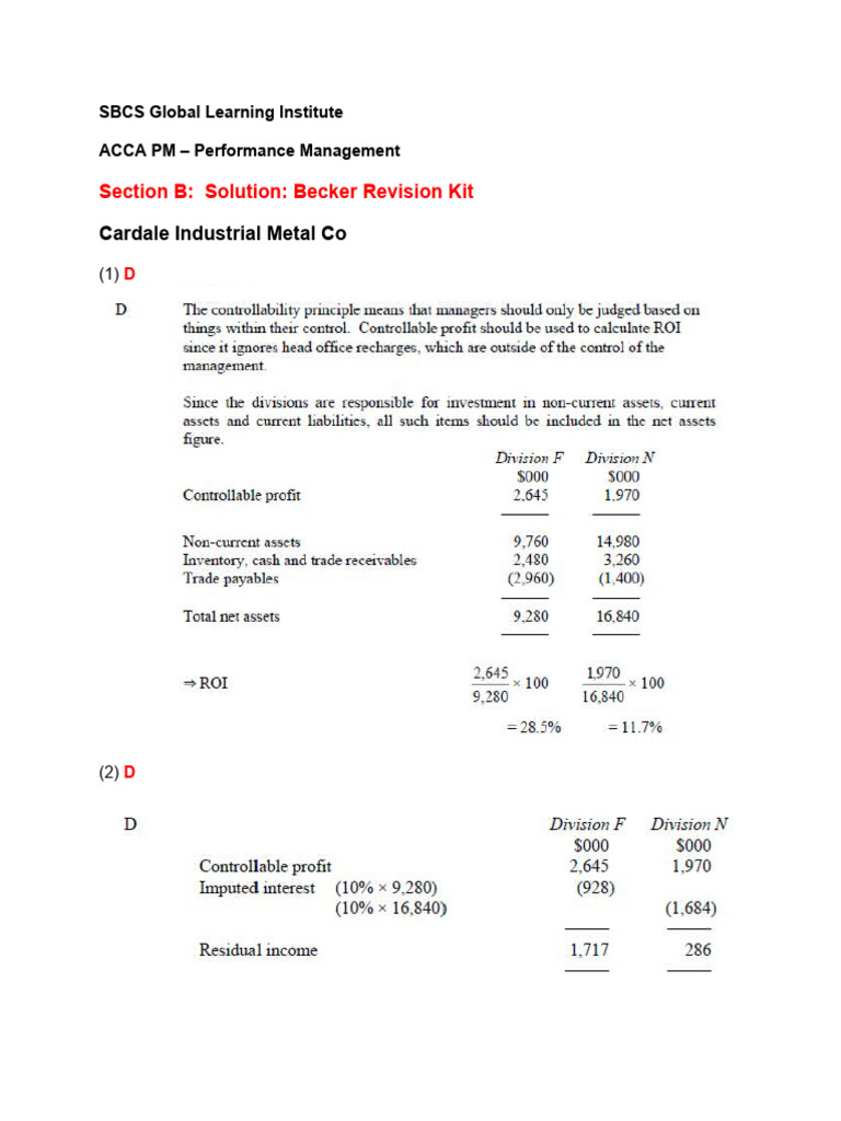 ACCA PM: Becker Kit Solutions | PDF