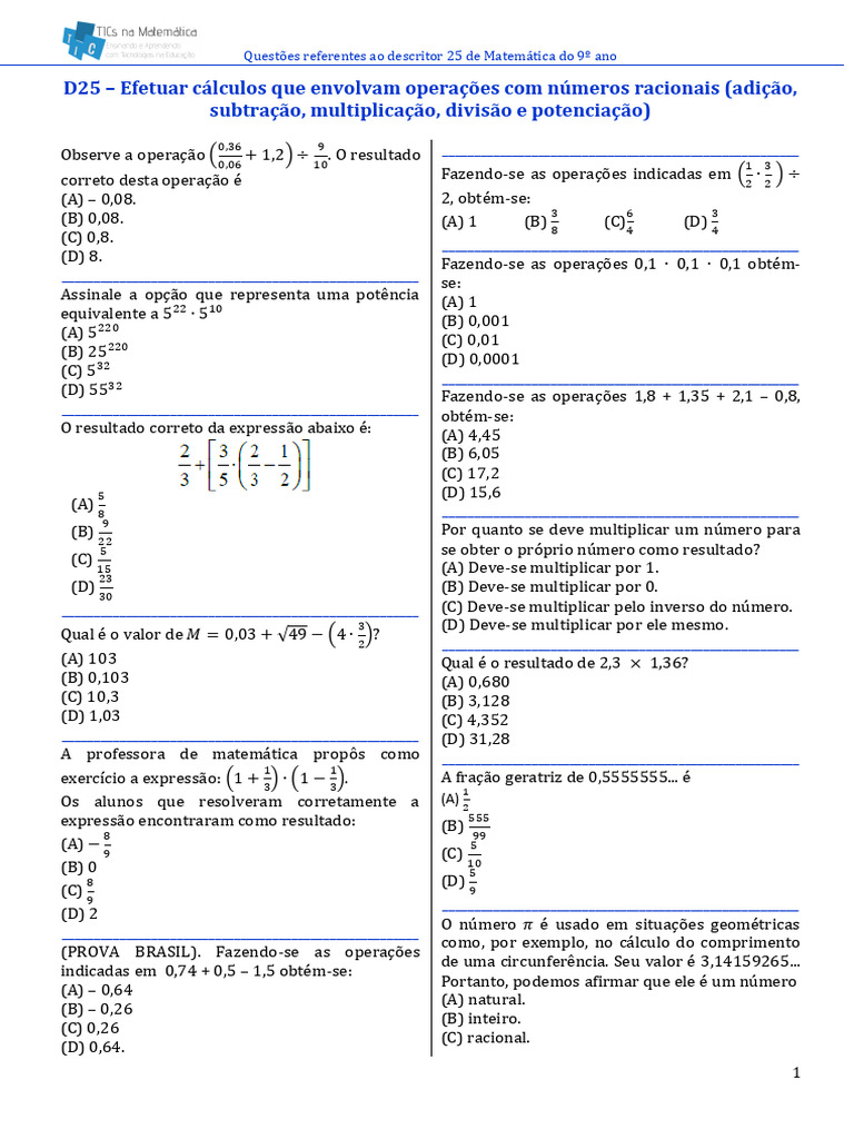 Questões sobre Descritor 25 Matemática 9º Ano | PDF | Matemática elementar | Aritmética