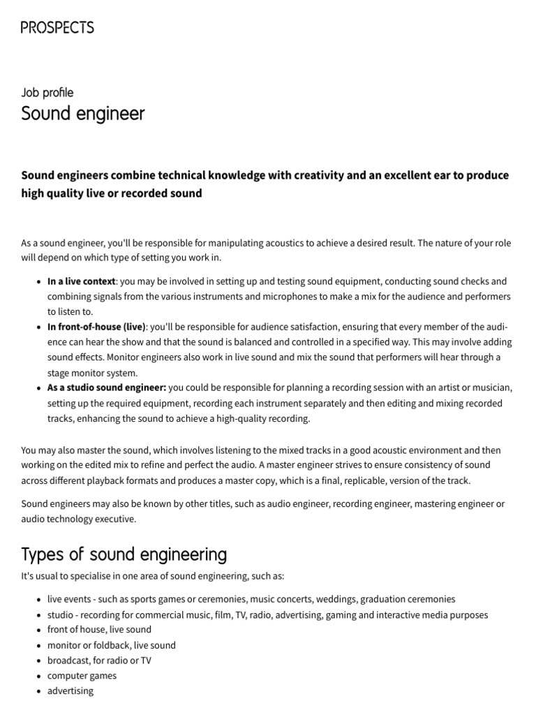 Sound Engineer Job Profile - Prospects - Ac.uk | PDF | Career & Growth ...