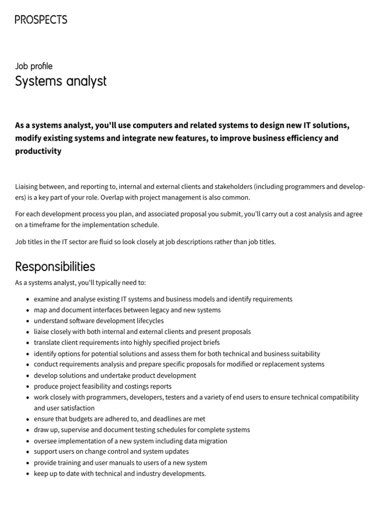 Systems Analyst Job Profile - Prospects - Ac.uk | PDF